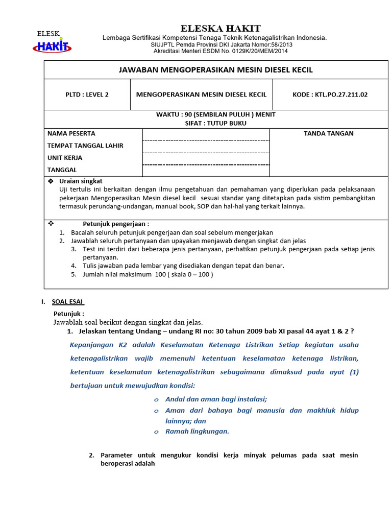 KTL PO. 27.212.02 Jawaban Mengoperasikan Mesin Diesel Generator PLTD ...