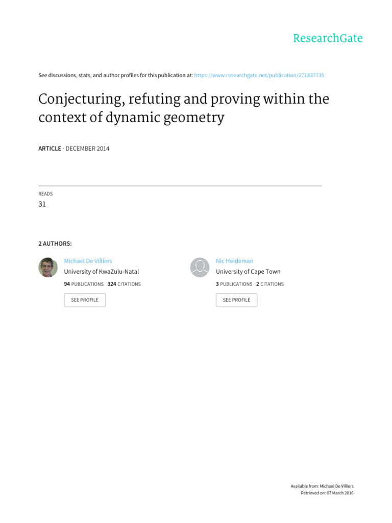 VILLIERS, M. HEIDMAN, N. Conjecturing Refuting and Proving Withing The ...
