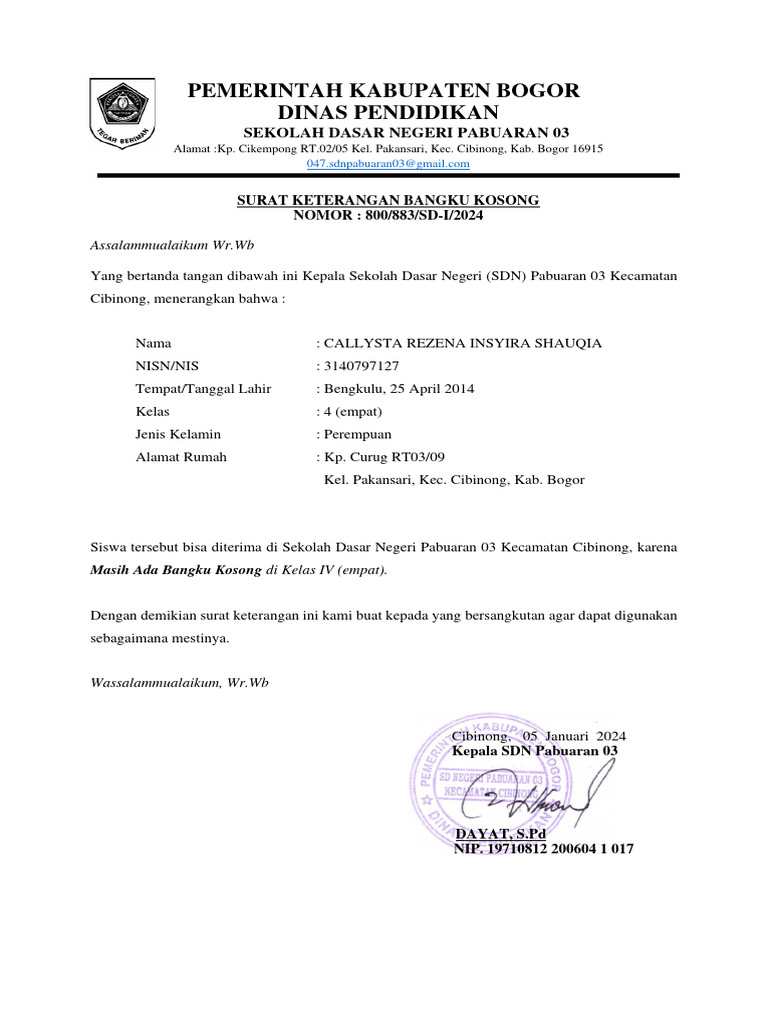 Surat Bangku Kosong Callysta Dan Callyla | PDF