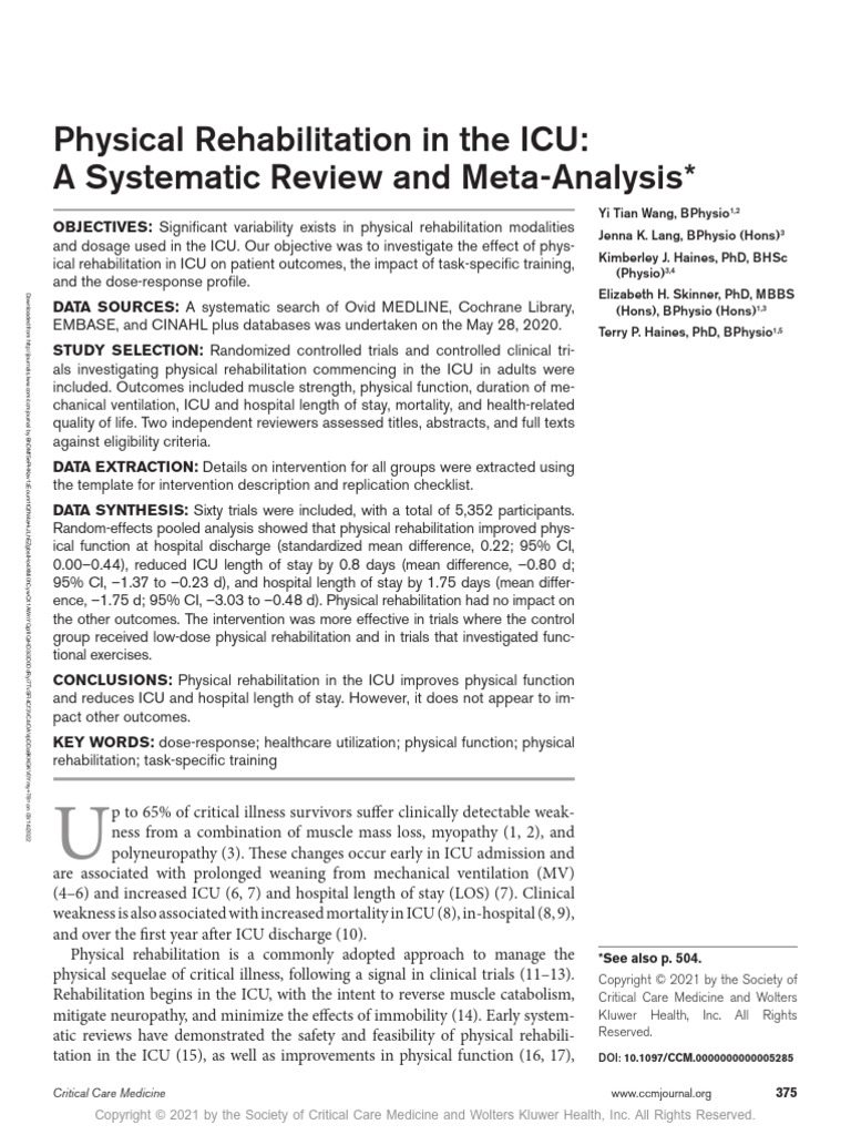 Physical Rehabilitation in The ICU A Systematic.3 | PDF | Systematic ...