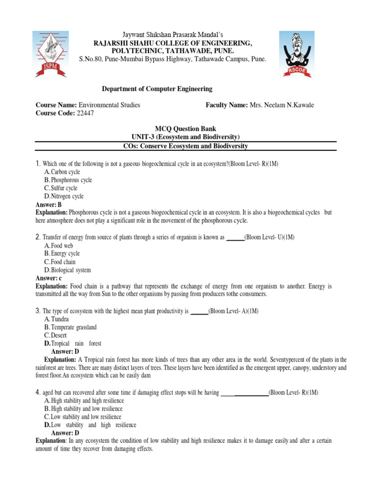 Est MCQ 3rd Unit | PDF | Ecosystem | Habitat Destruction