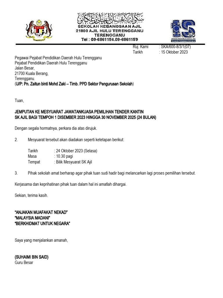 Surat Jemputan PPD Pemilihan Tender Kantin 2023 | PDF