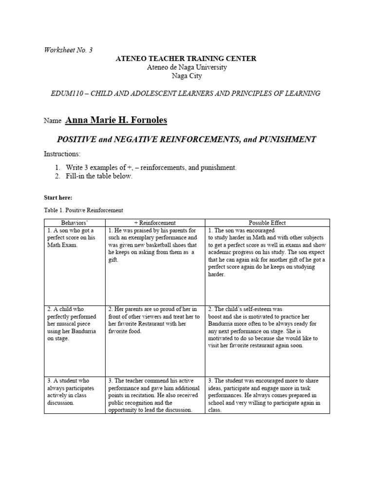 Worksheet No 3 - Reinforcement (Positive, Negative, Punishment) ANNE ...