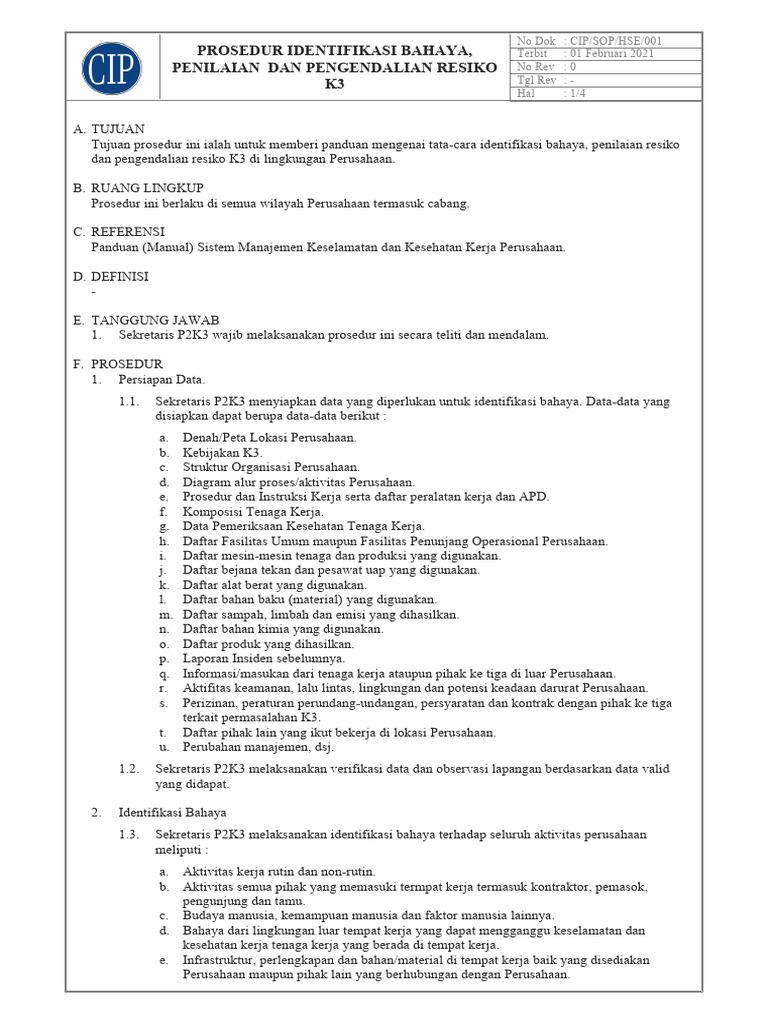 SO Prosedur Identifikasi Bahaya, Penilaian Dan Pengendalian Resiko K3 | PDF