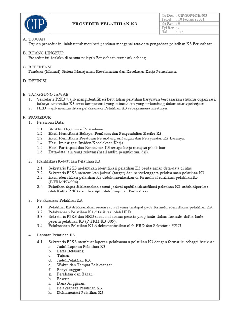 SO Prosedur Pelatihan K3 | PDF