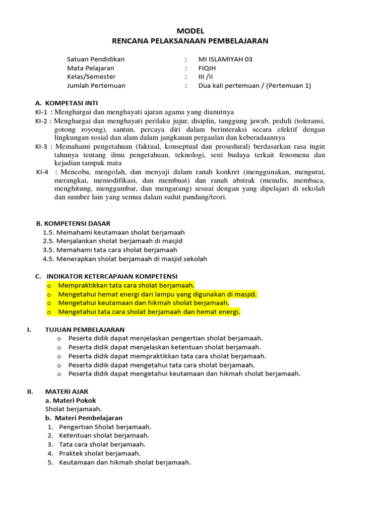 RPP FIQIH Kls 3 Sholat Berjamaah Adiwiyata 2020 | PDF