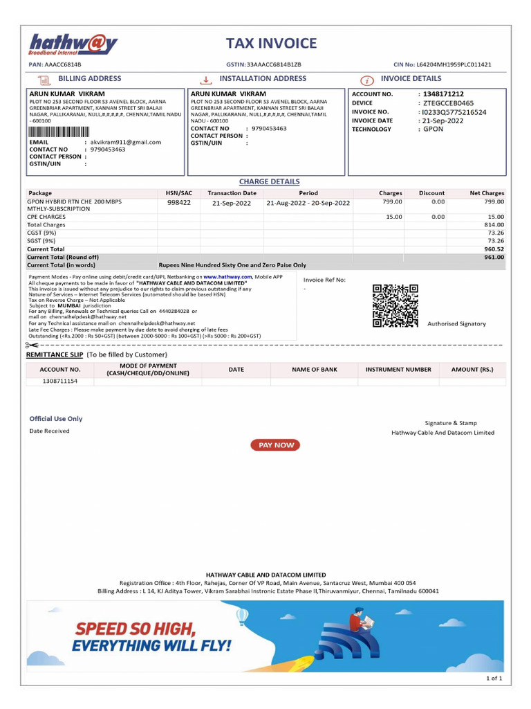 Hathway Bill of Sep | PDF
