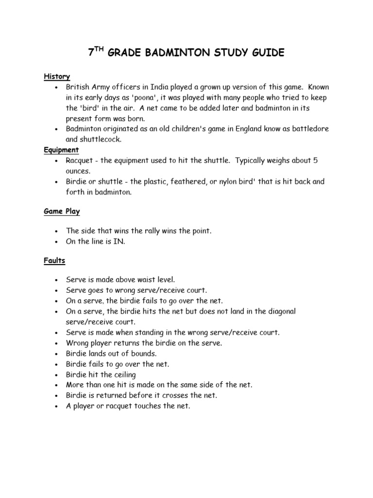Grade 7 Badminton Study Guide | PDF