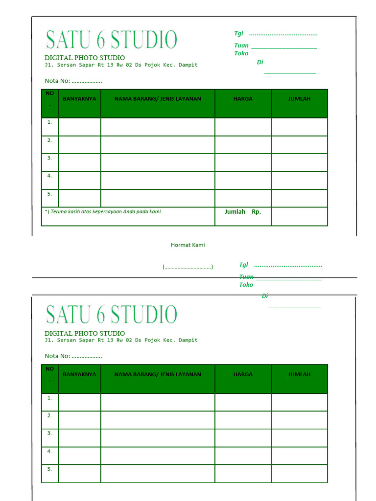 Template Nota Digital Photo Studio | PDF