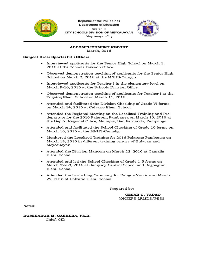 Accomplishment Reports - Mar.2016 | PDF