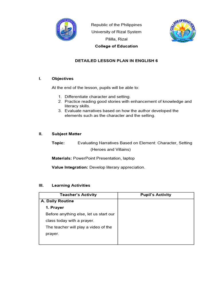 Detailed Lesson Plan English 6 Week 6 Pdf