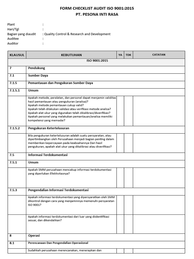 Form Checklist Audit Iso 9001:2015 Pt. Pesona Inti Rasa: Klausul ...