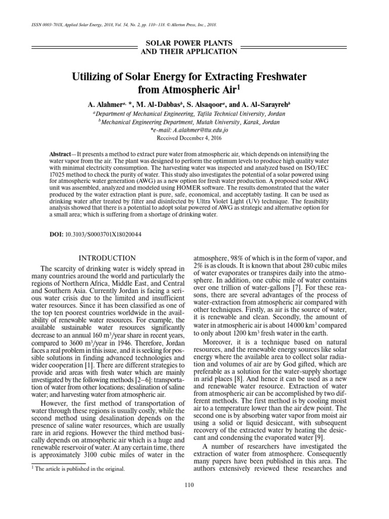 Utilizing of Solar Energy For Extracting Freshwater From Atmospheric ...