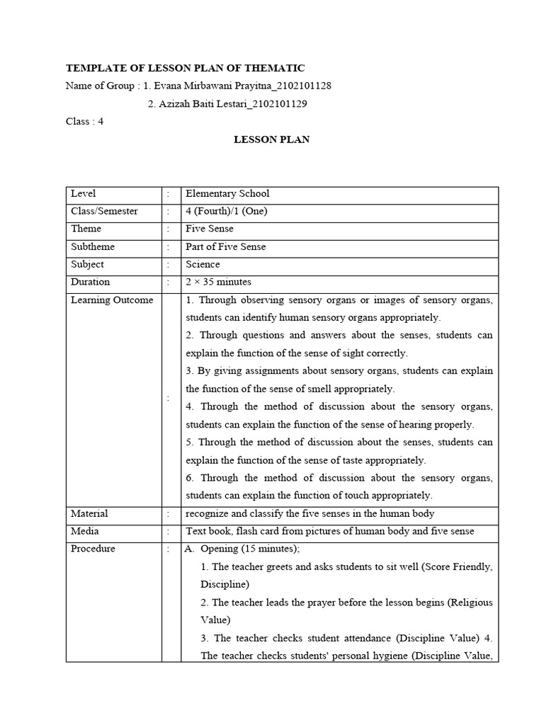 Team Evana - 1128 Azizah - 1129 Lesson Plan Five Sense | PDF | Senses | Skin