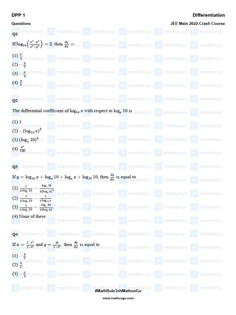 Question DPP 1 Differentiation Mathongo Jee Main 2022 Crash Course | PDF | Mathematical Analysis ...