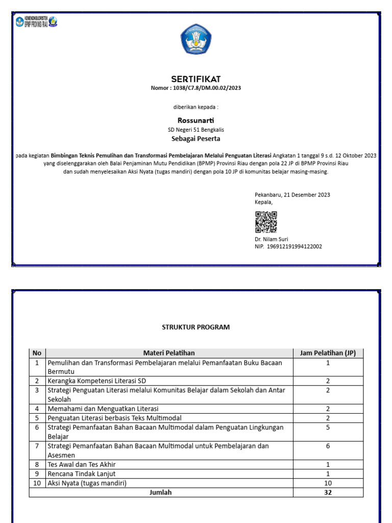 Sertifikat Bimtek Tpemulihan Dan Transformasi Literasi | PDF