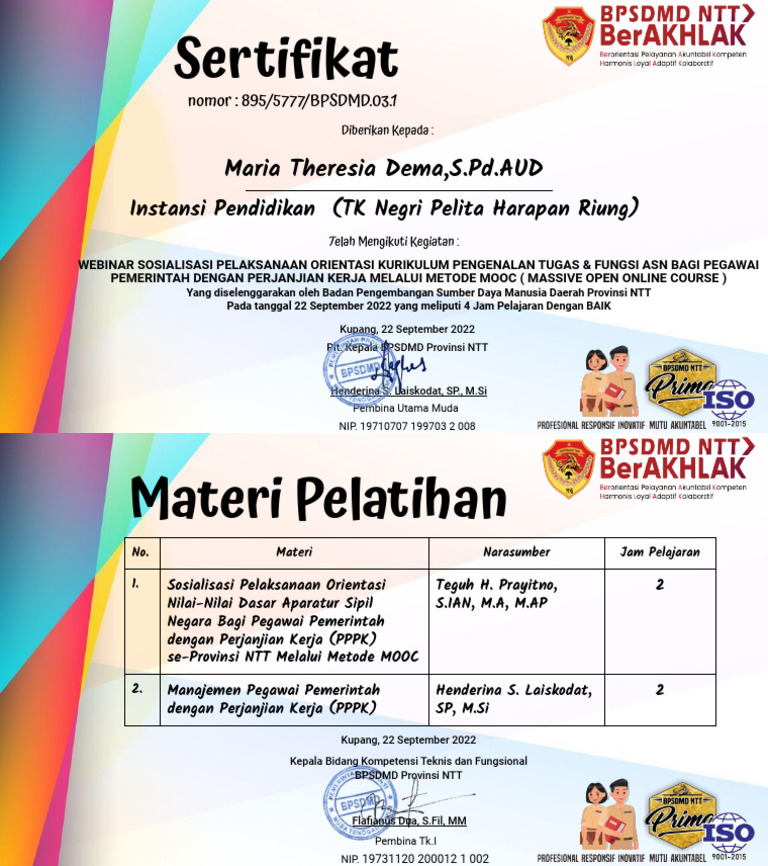 E-Sertifikat Maria Theresia Dema, S.PD - AUD Orientasi Kurikulum Pengenalan Tugas Dan Fungsi ASN ...