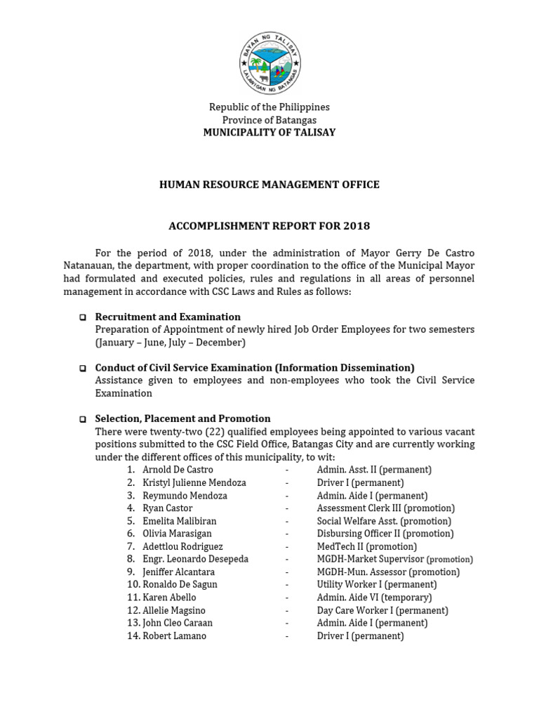 HRMO Accomplishment Report_2018(1) | PDF | Economies | Business