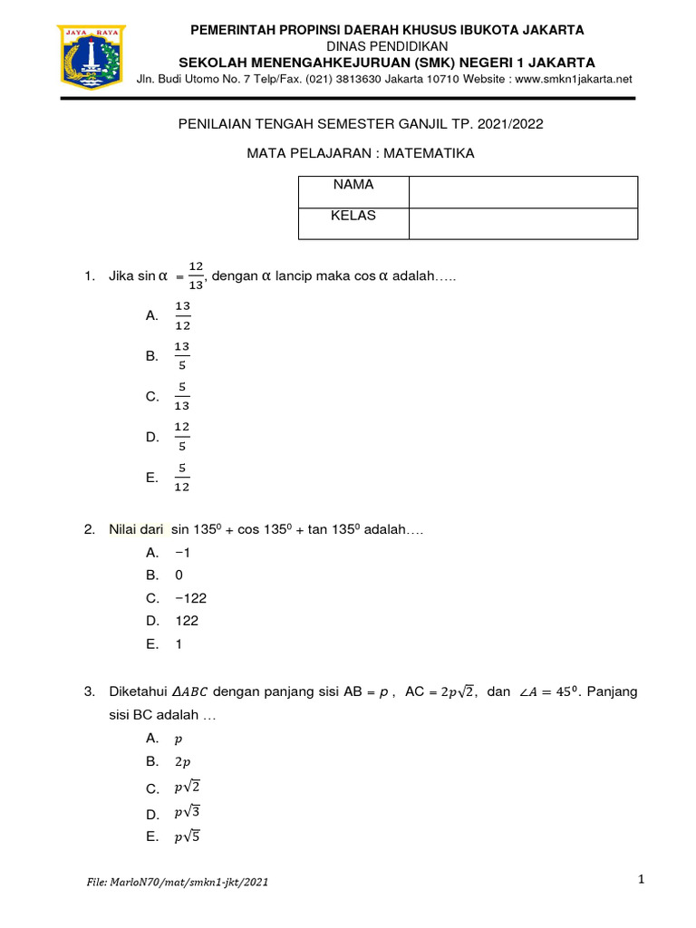 Pts Ganjil MTK Teknik Xi | PDF