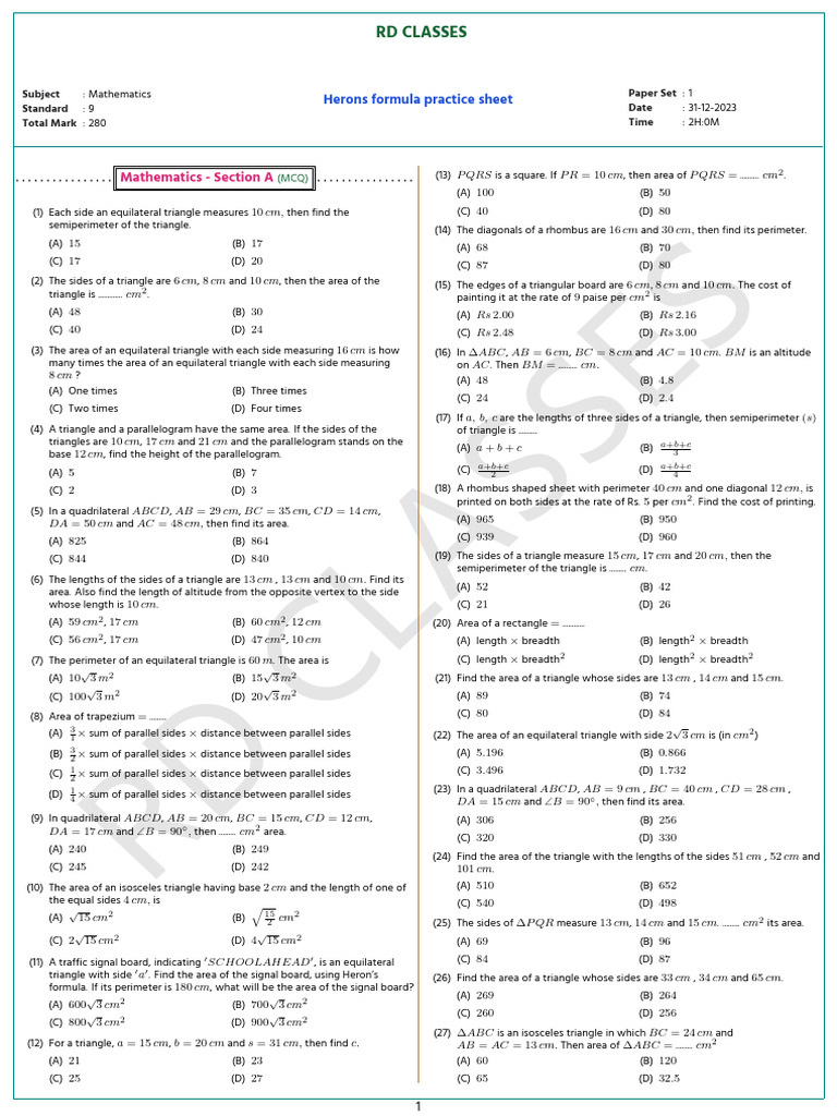 Class 9 Heron's Formula Practice | PDF | Teaching Methods & Materials