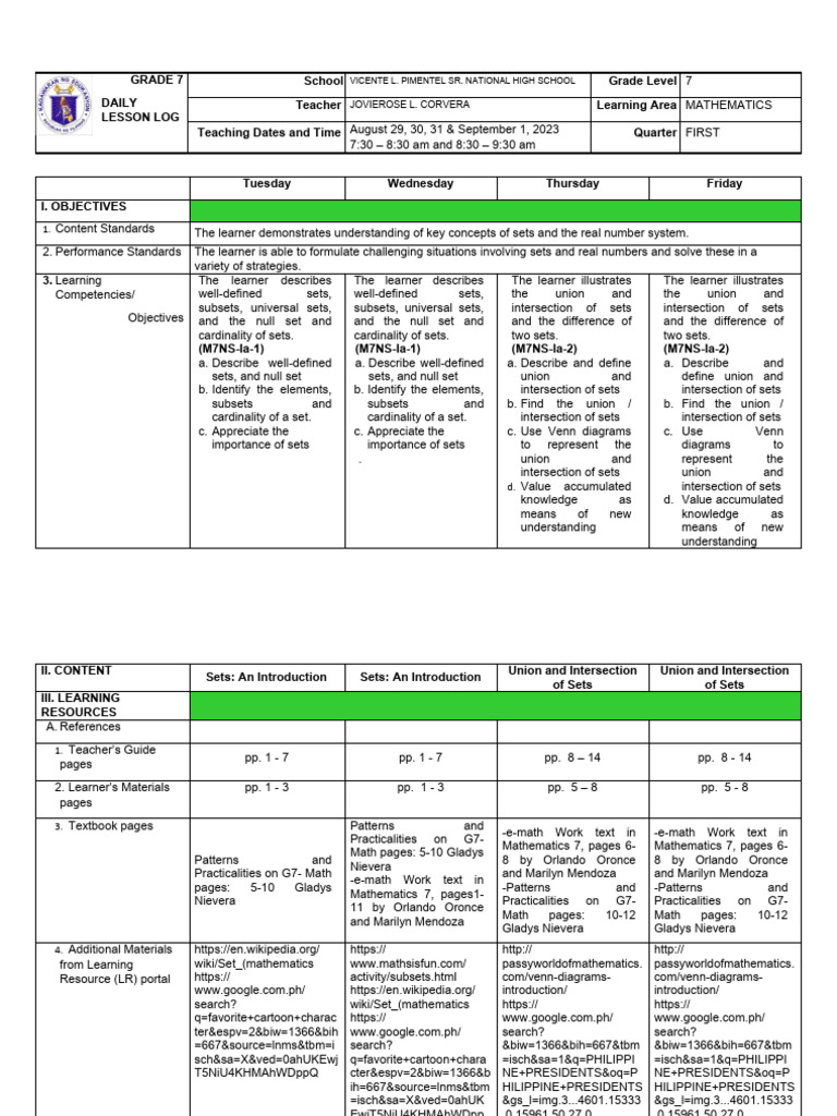 Lesson Plan in Math 7 - Sets | PDF