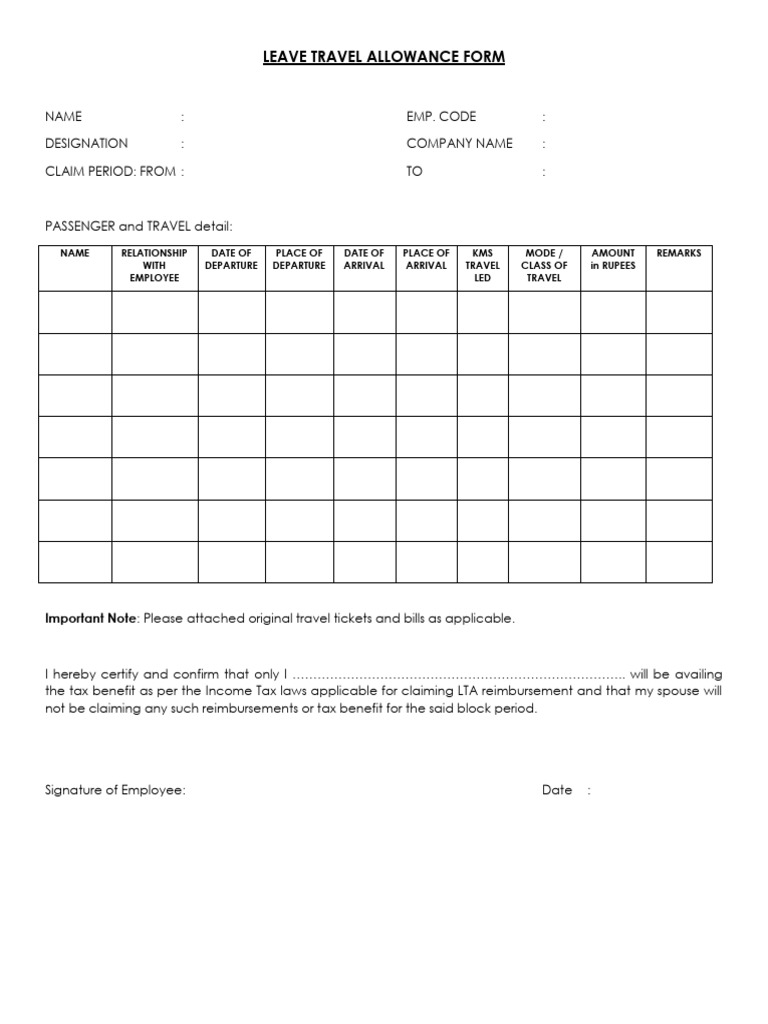 Leave Travel Allowance Claim Form | PDF