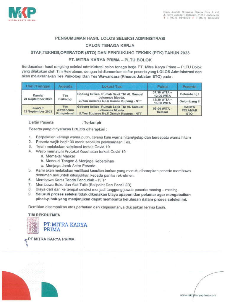 Pengumuman Hasil Lolos Seleksi Administrasi Mkp-Pltu Bolok 2023 | PDF