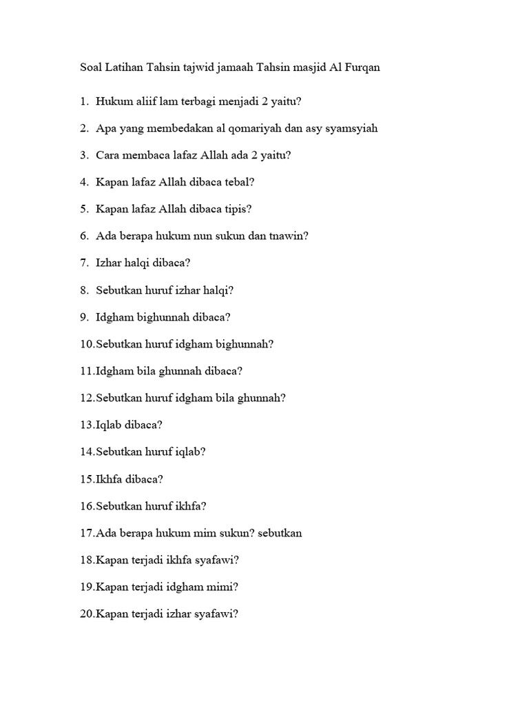 Soal Latihan Tahsin Tajwid Jamaah Tahsin Masjid Al Furqan | PDF