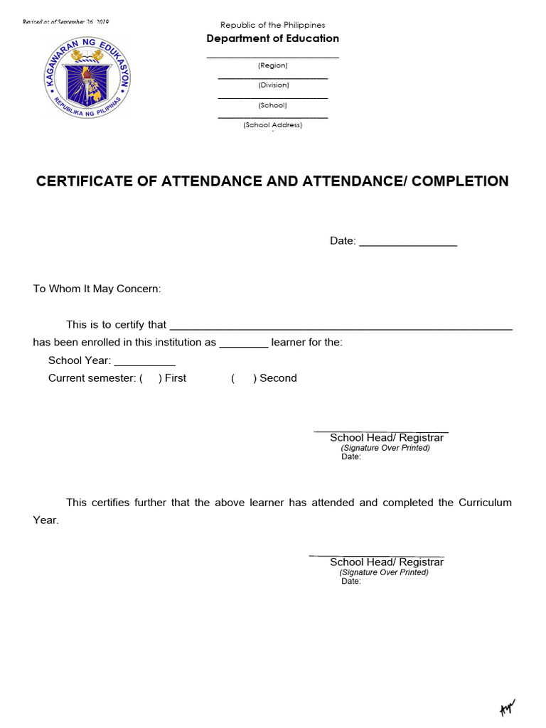 2024 Certificate of Enrolment and Attendance Completion | PDF