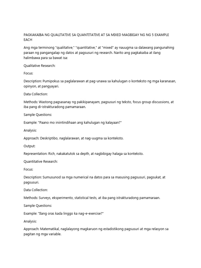 Pagkakaiba NG Qualitative Sa Quantitative at Sa Mixed Magbigay NG NG 5 ...
