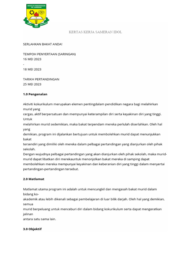 Kertas Kerja SK Sungai Sameran Idol Sesi 2023 Edit | PDF