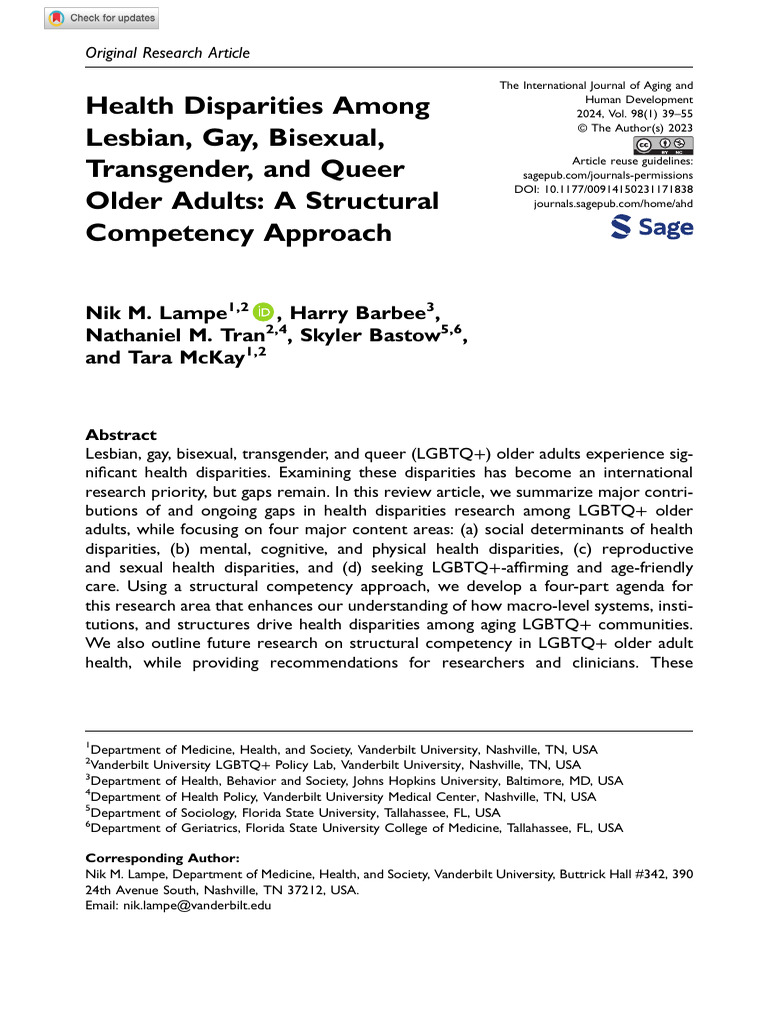 Lampe Et Al 2023 Health Disparities Among Lesbian Gay Bisexual Transgender and Queer Older ...