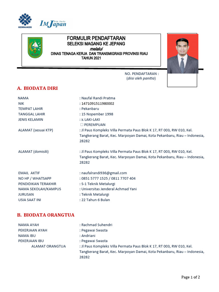 Form Pendaftaran Magang Jepang 2021 | PDF