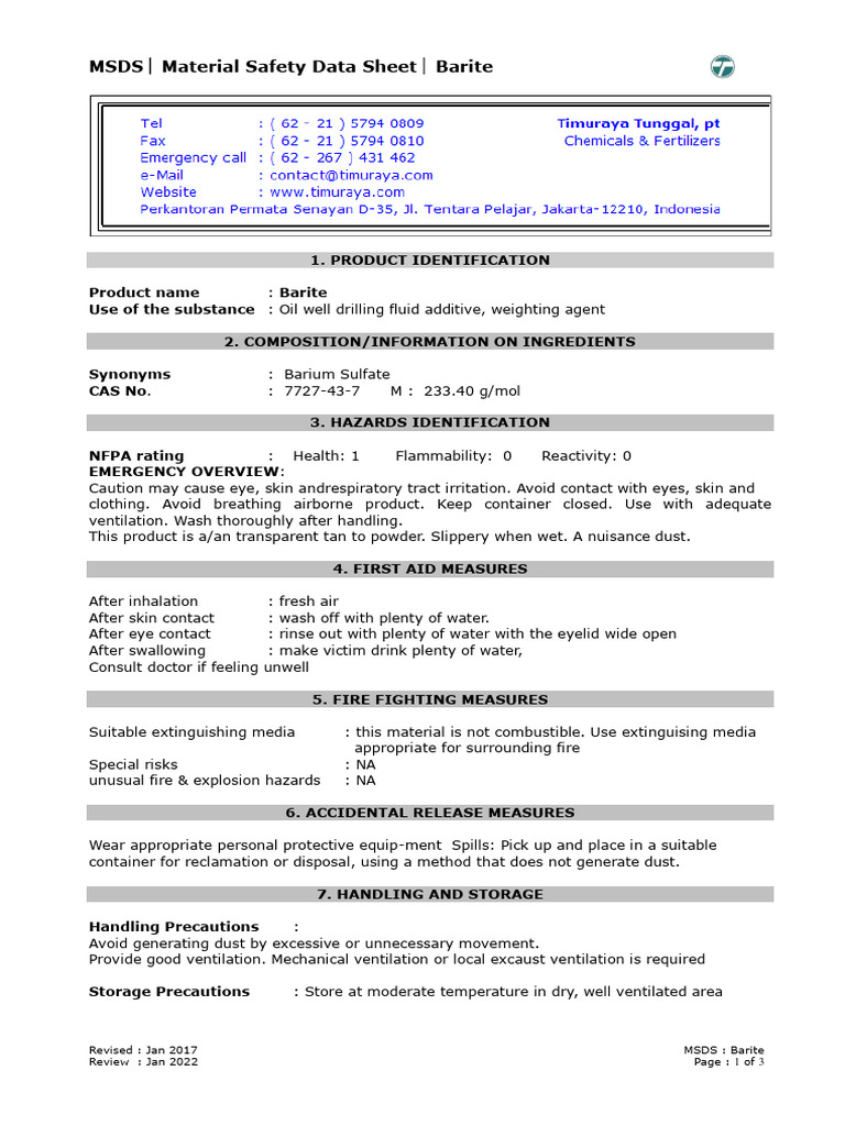 Barite Powder - 2022 - MSDS | PDF | Science & Mathematics | Wellness