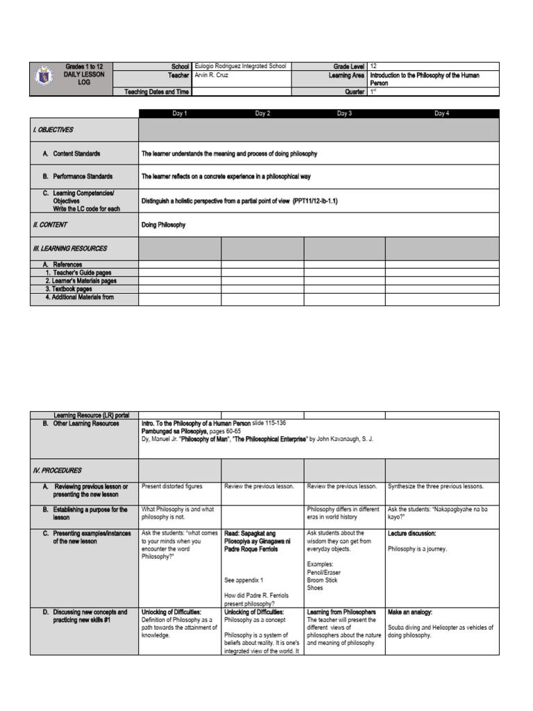 Grade 12 Philosophy Lesson Plan | PDF | Knowledge | Concept