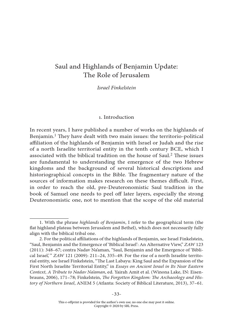 Finkelstein, Saul and Highlands of Benjamin Update. The Role of ...