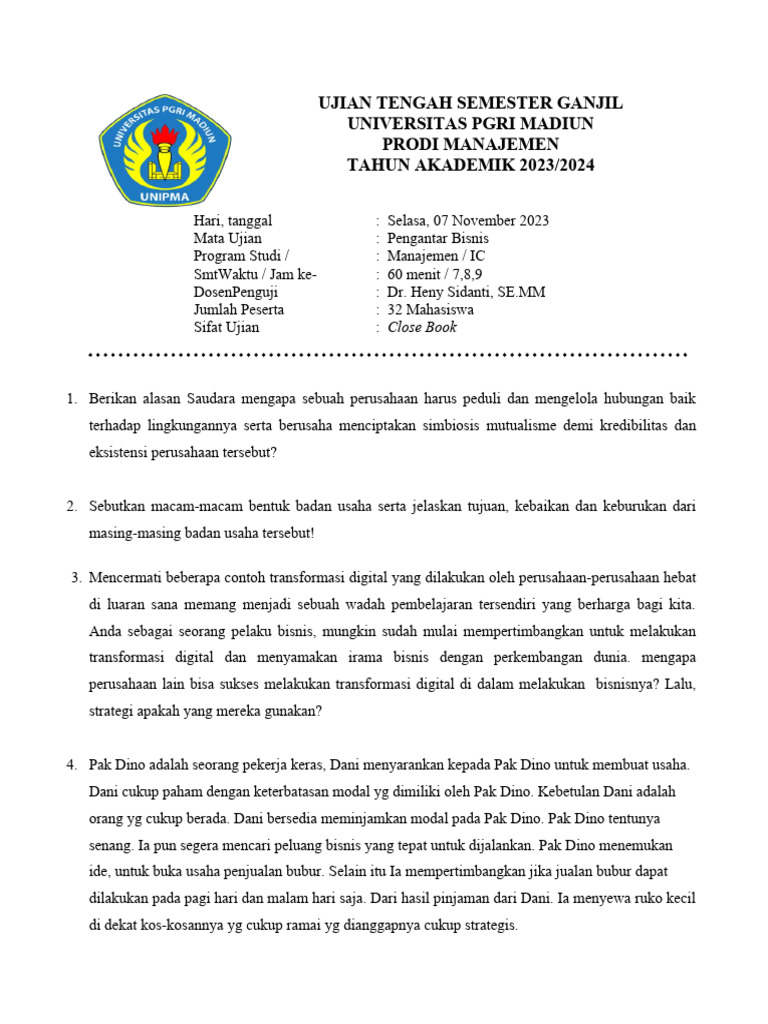 Uts Pengantar Bisnis 1C MNJ 2023 | PDF | Karier & Perkembangan | Bisnis