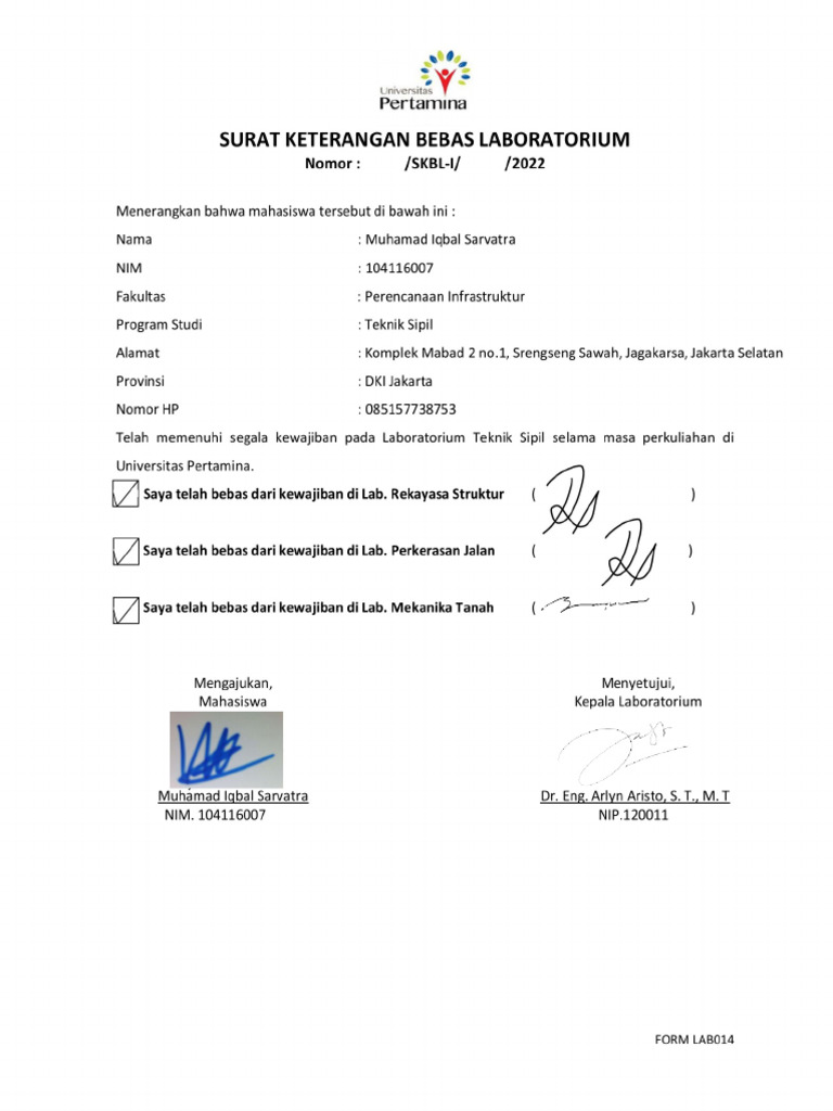 054-VIII-FORM LAB014 - SURAT BEBAS TANGGUNGAN LABORATORIUM - M. Iqbal Sarvatra | PDF