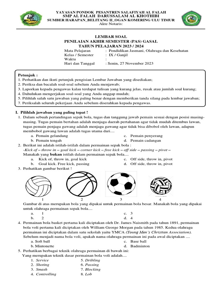 Soal Pas Pjok KLS 9 K13 SMP Al-Falah | PDF