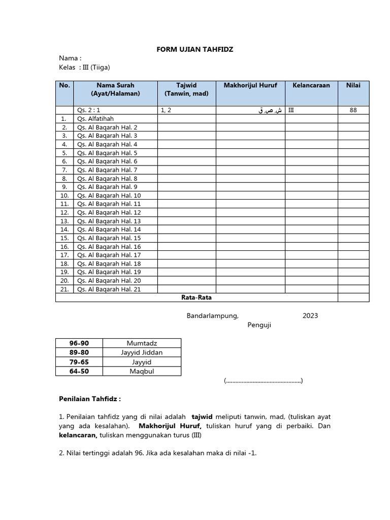 Form Ujian Tahfidz | PDF