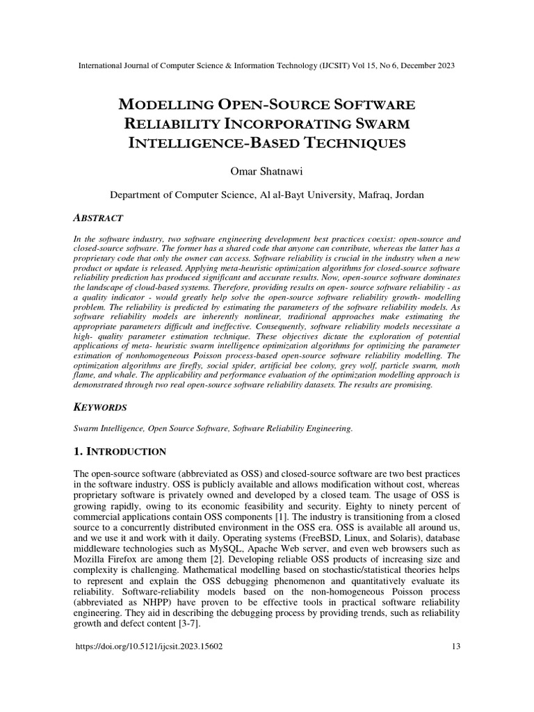 Modelling Open-Source Software Reliability Incorporating Swarm Intelligence-Based Techniques | PDF