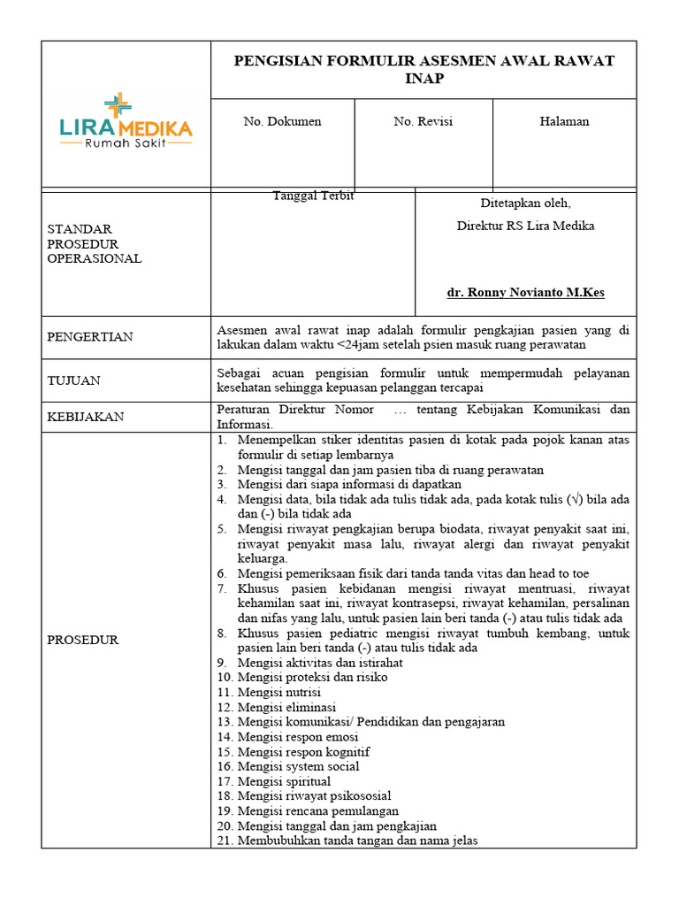 022 - Pengisian Formulir Asesmen Awal Rawat Inap - RSLM | PDF