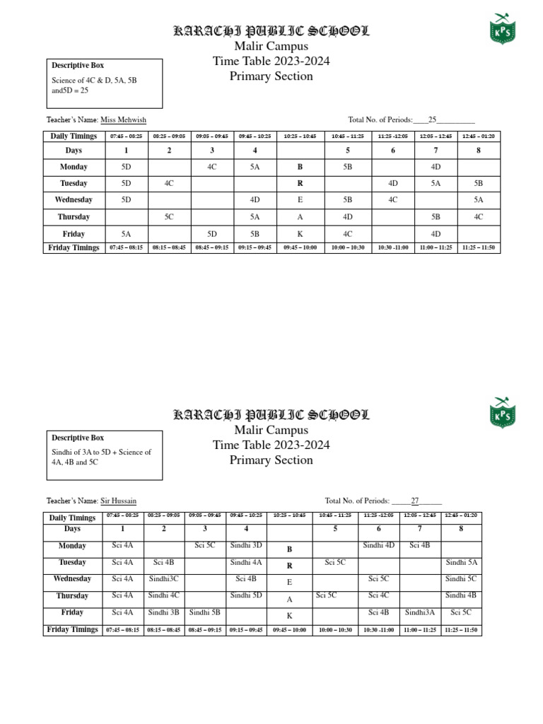 Karachi Public School Malir Campus Time Table 2023-2024 Primary Section ...