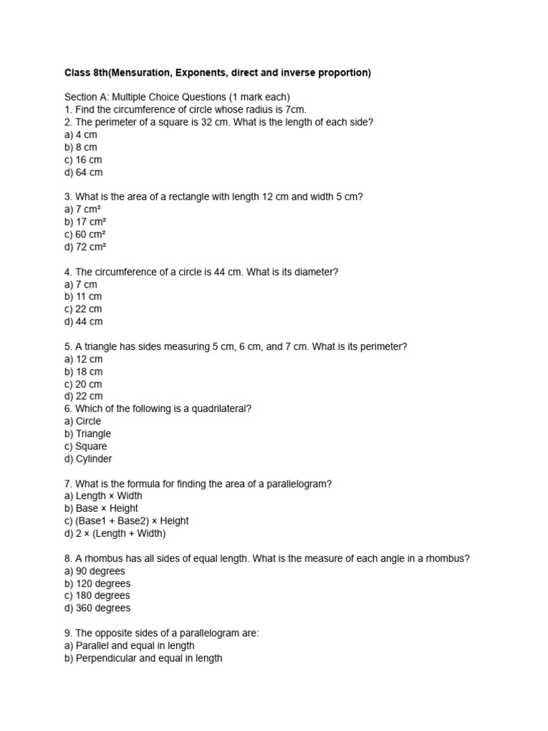 Class 8th (Mensuration) | PDF | Home & Garden