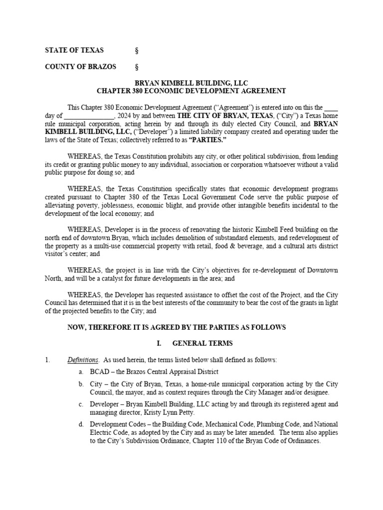 Bryan Kimbell Building, LLC Chapter 380 Economic Development Agreement | PDF