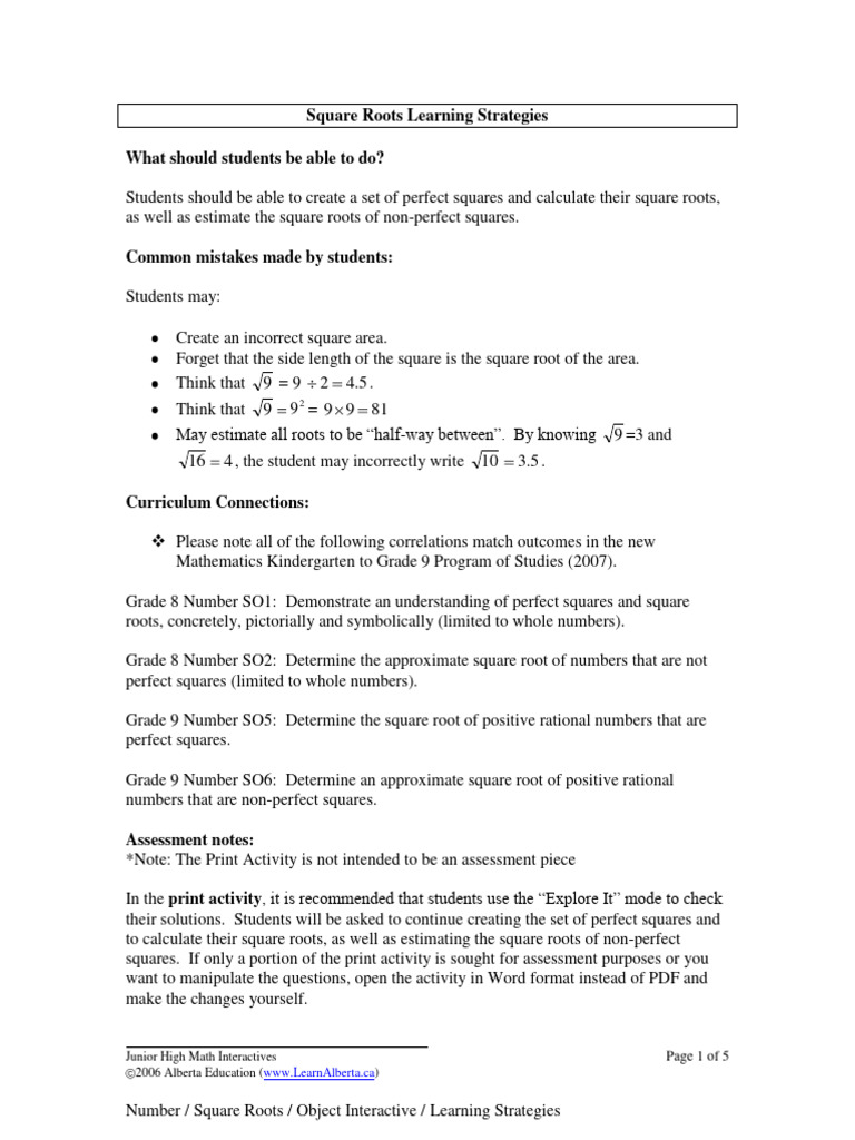 Square Roots Learning Strategies | PDF