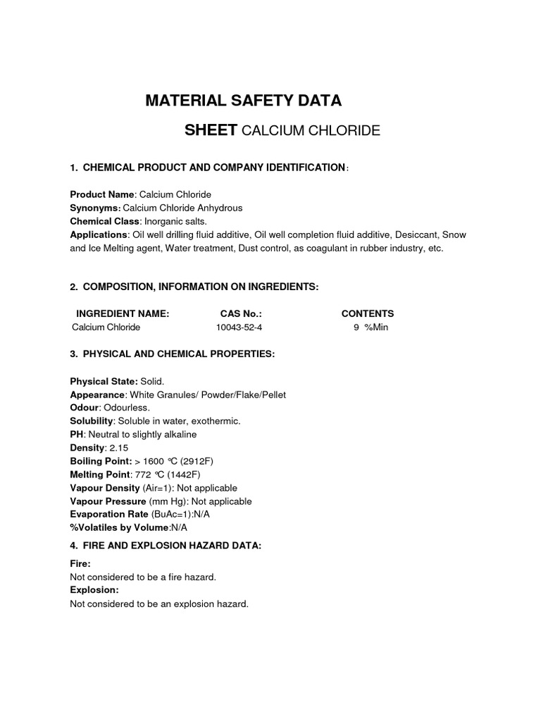 Calcium Chloride Powder 94% (MSDS) | PDF | Science & Mathematics