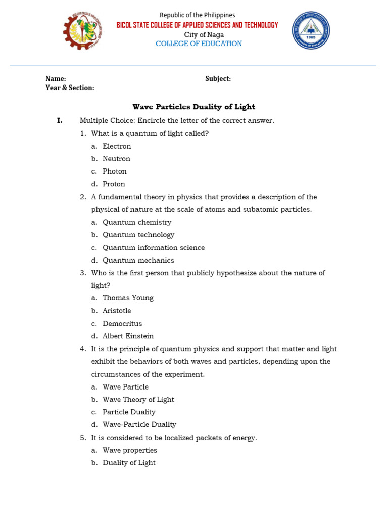Worksheet-WAVE-PARTICLE-DUALITY-OF-LIGHT | PDF
