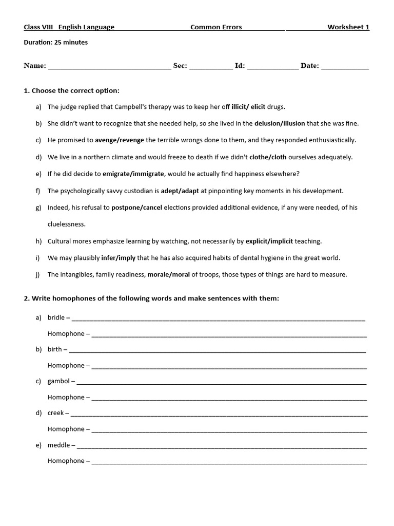 Common Errors Worksheet for Class VIII | PDF | Language Arts & Discipline