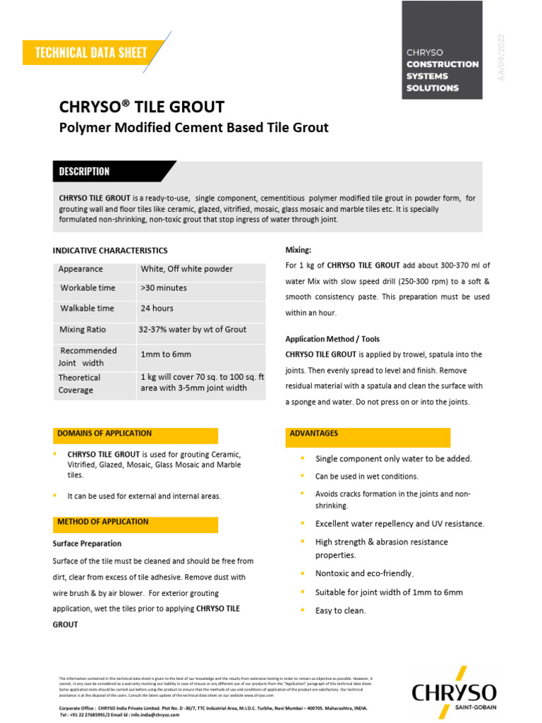 Chryso Tile Grout | PDF | Tile | Cement